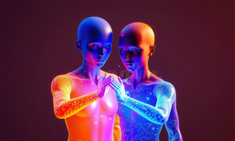 Two Digital Human Figures Touching Hands, Showcasing Vibrant Colors and Glowing Effects ...