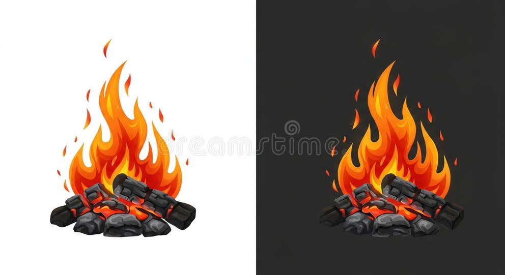 Two Digital Illustrations of a Campfire with Burning Coals. on the Left ...