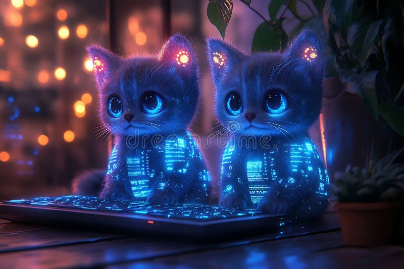 Two Digital Kittens Coding on a Glowing Keyboard at Night Stock ...
