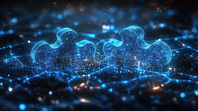Two Digital Puzzle Pieces, Interconnected and Glowing, on a Dark ...