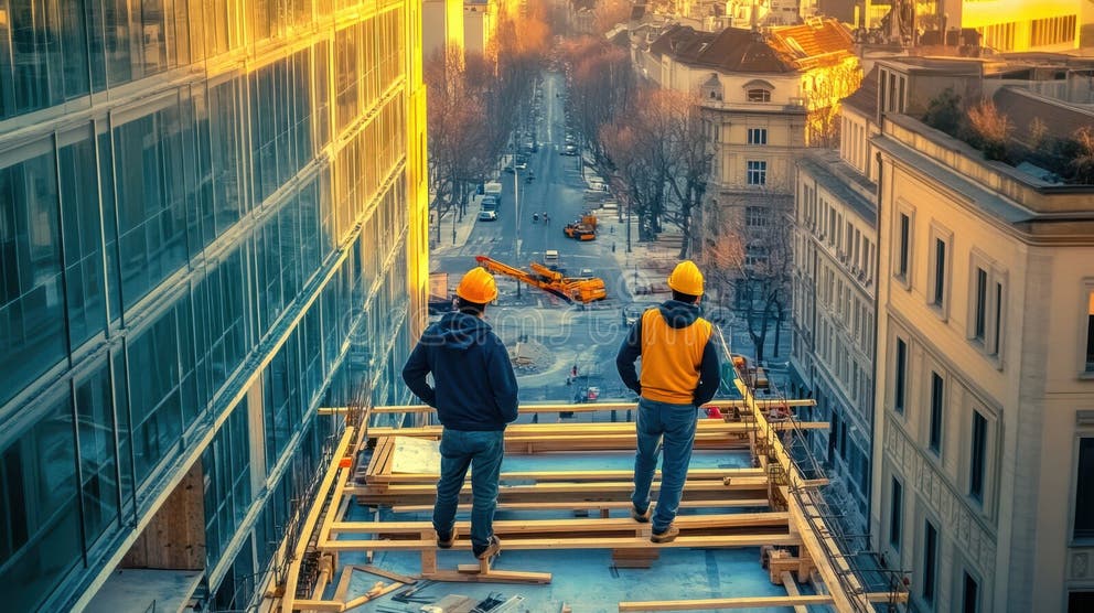 Two Diligent Construction Workers Balance on a Rooftop, Surveying the Cityscape, Tools in Hand ...