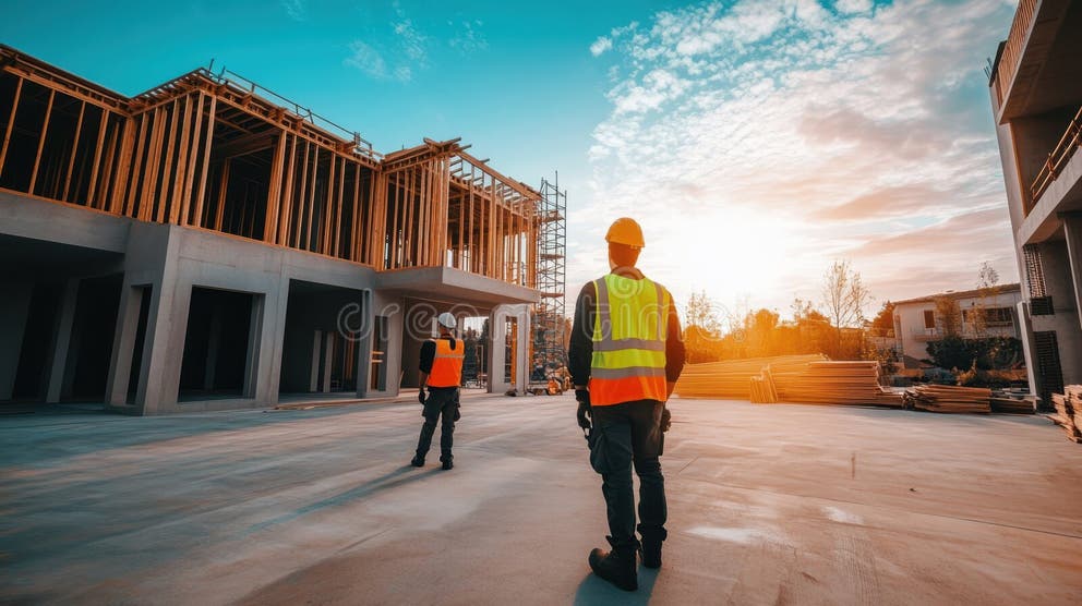 Two Diligent Construction Workers Stride Confidently Past a Towering Skeleton of a Building ...