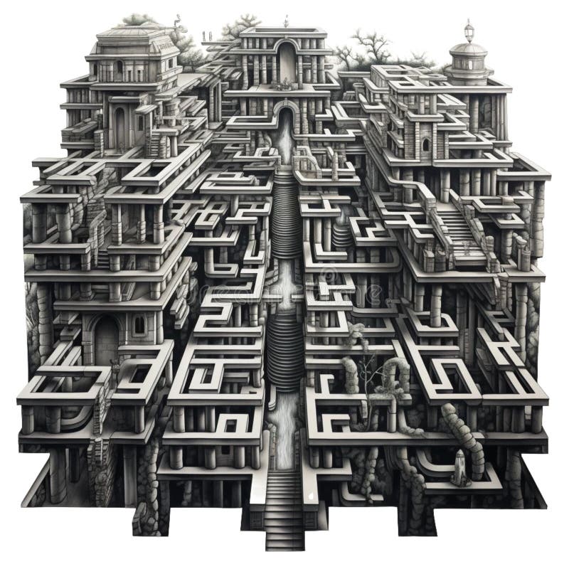 Two-dimensional Maze Drawing Featuring a Building on a White Paper ...