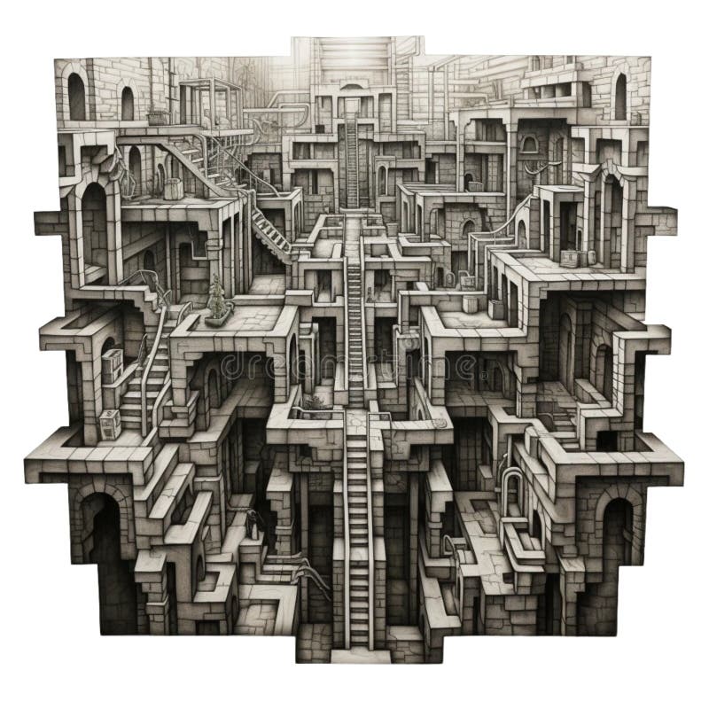 Two-dimensional Maze Drawing Featuring a Building on a White Paper ...