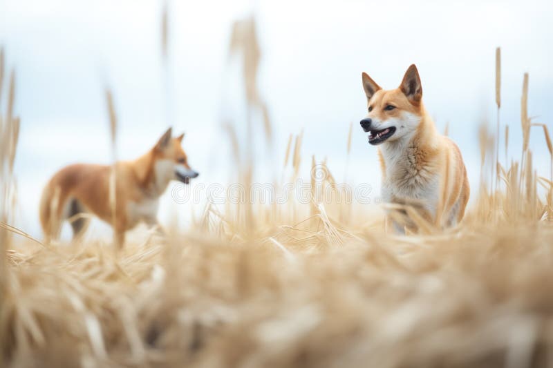 Two Dingoes Coordinating an Ambush in a Field Stock Illustration ...