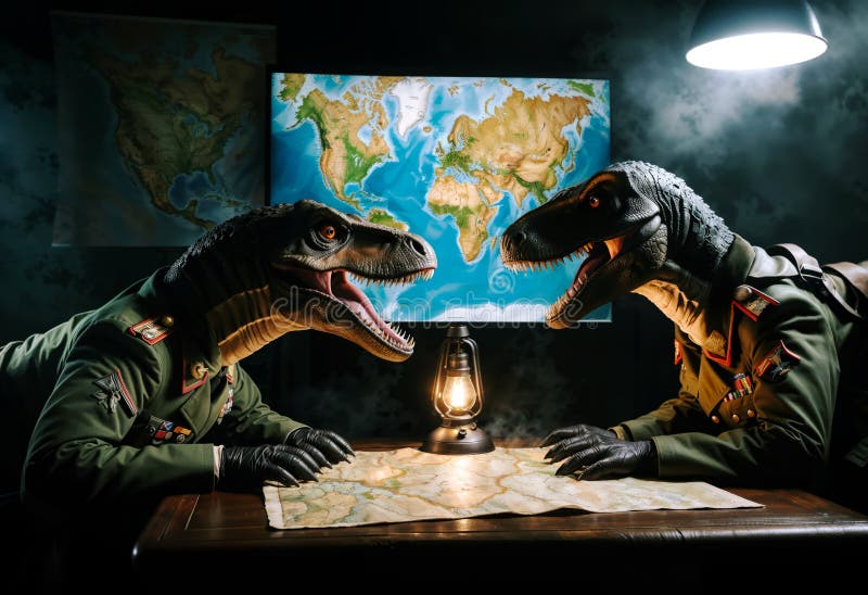 Two Dinosaurs in Military Uniforms are Seen Studying a World Map Stock ...
