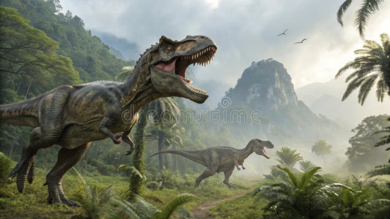 In the Prehistoric Wilderness, a Roaring T Rex Exhibits Its Razor Sharp Teeth Stock Illustration ...