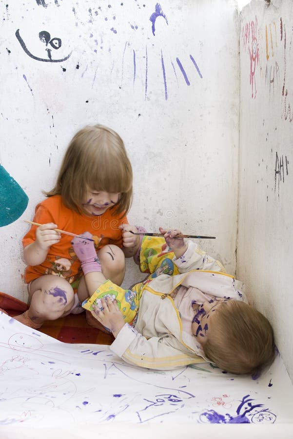 Two Dirty Children Sketching. Stock Image - Image of paint, craft: 13779659