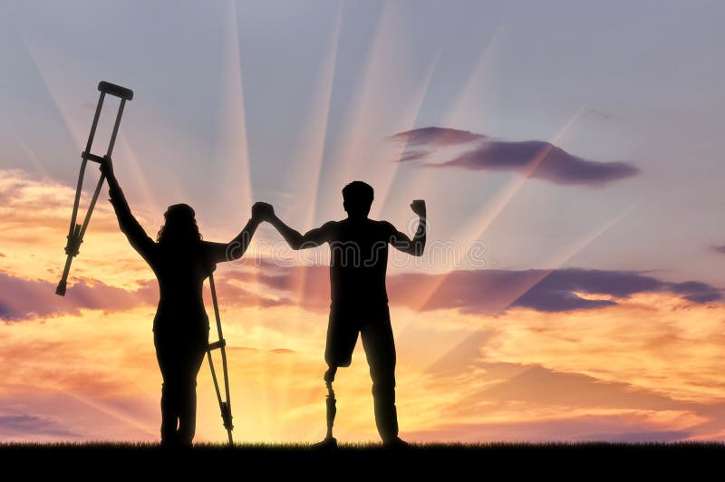 Two Disabled Holding Hands Sunset Stock Illustration - Illustration of ...