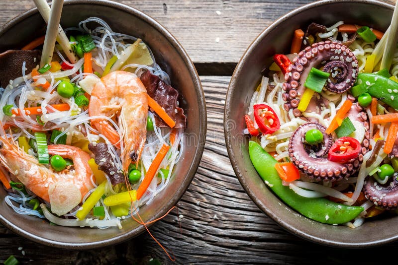 Two Dishes with Vegetables and Seafood Stock Image - Image of chili ...