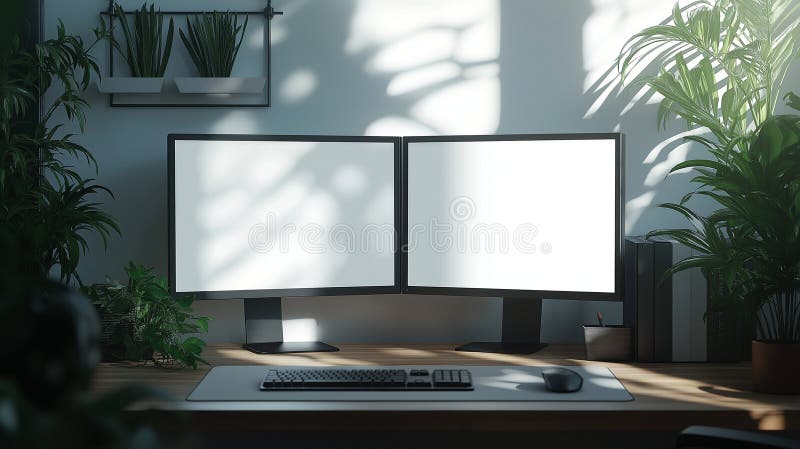 Two Displays Mockups of Powerful Computer in Shady Office, Ai Generated ...