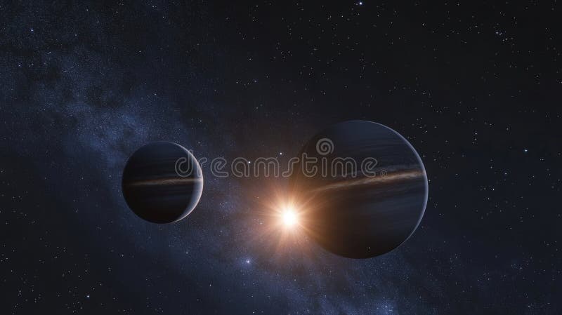 Two Distant Planets in a Dark Space. Stars Twinkle in the Background ...
