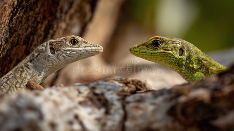 Two Distinct Lizards Face Each Other on a Textured Tree Branch ...