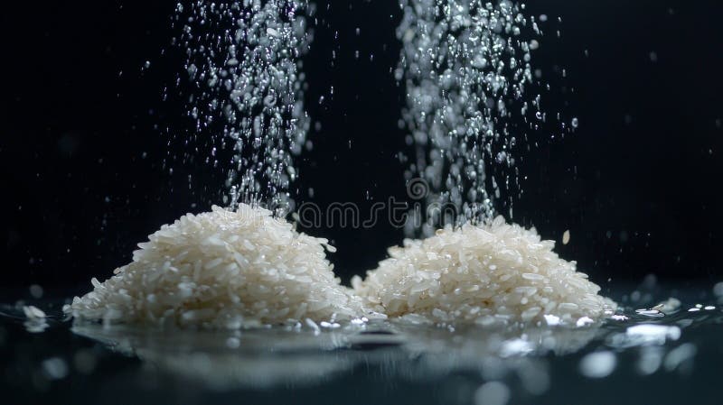 Two Distinct Mounds Rice Hover Surface Water Illuminated Dark Backdrop ...
