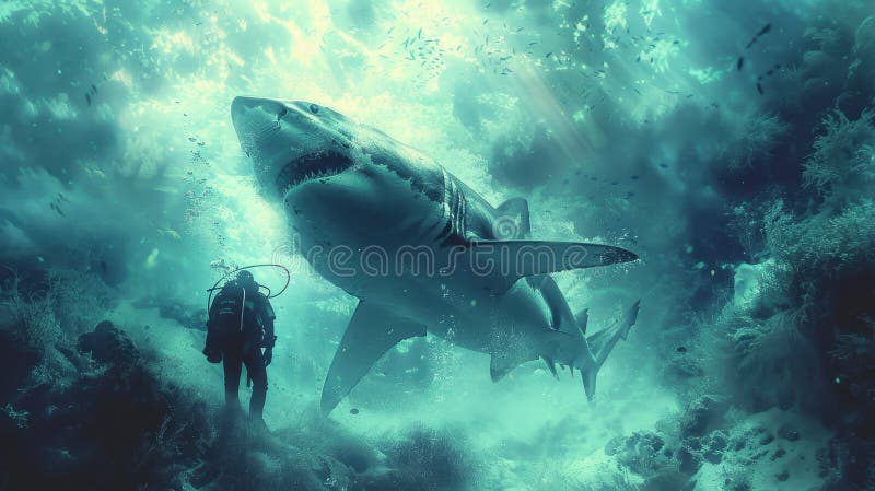 Two Divers and an Angry Shark Underwater in the Ocean Stock Photo ...