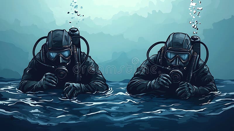 Two Divers in the Deep Ocean Stock Illustration - Illustration of mask ...