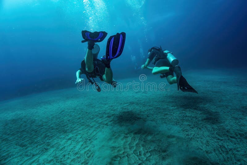 Two Divers are Exploring the Underwater World, Gracefully Gliding Over ...