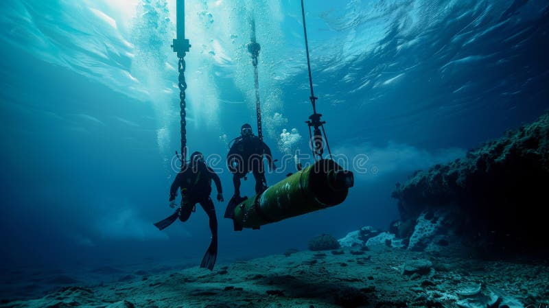 Two Divers Work in Tandem To Lower a Large Drill into the Ocean Floor ...