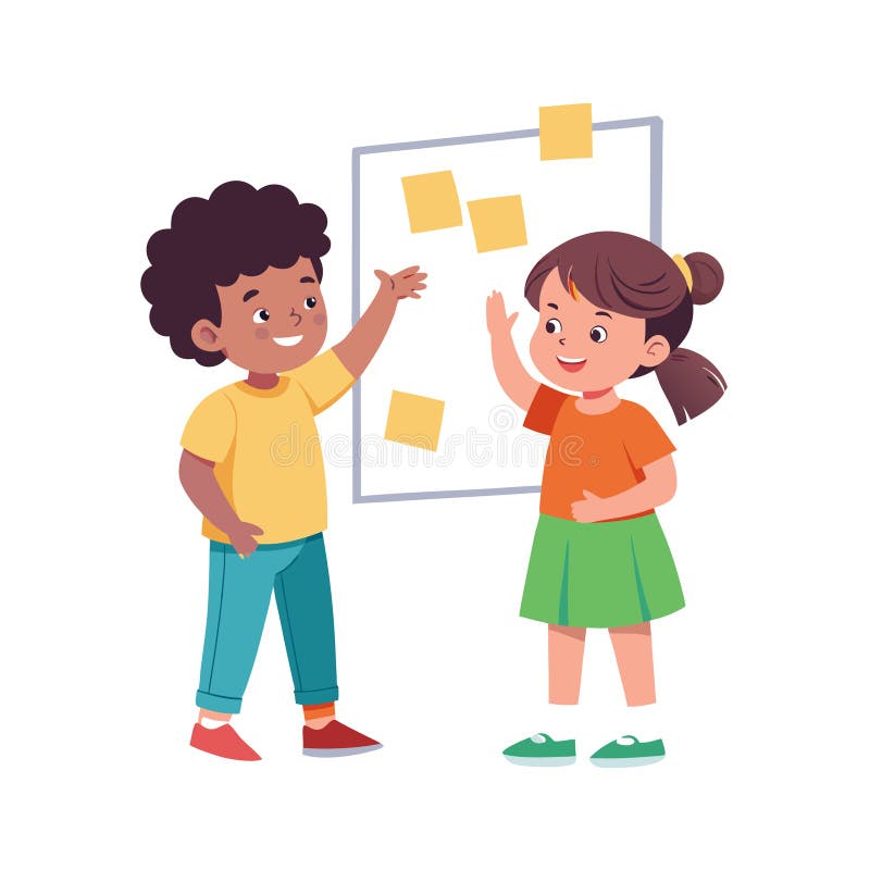 Two Diverse Children Collaborating with Sticky Notes on a White Board ...