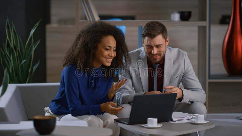 Two Diverse Employees Working Laptop. Smiling Business People Video ... Two Diverse Employees Working Laptop. Smiling Business People Video ...