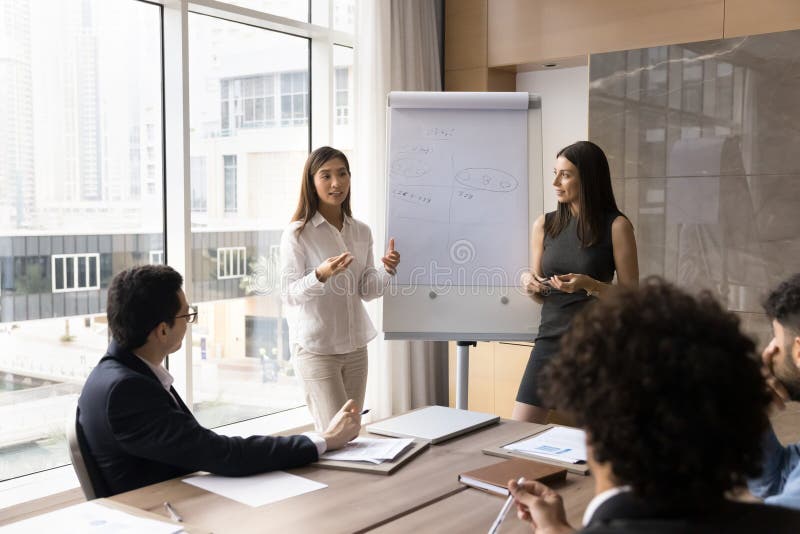 Two Diverse Project Managers Women Presenting Teamwork Strategy Stock ...