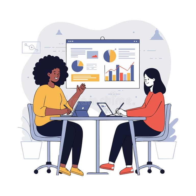 Two Diverse Women Collaborating with Digital Devices and Charts in ...