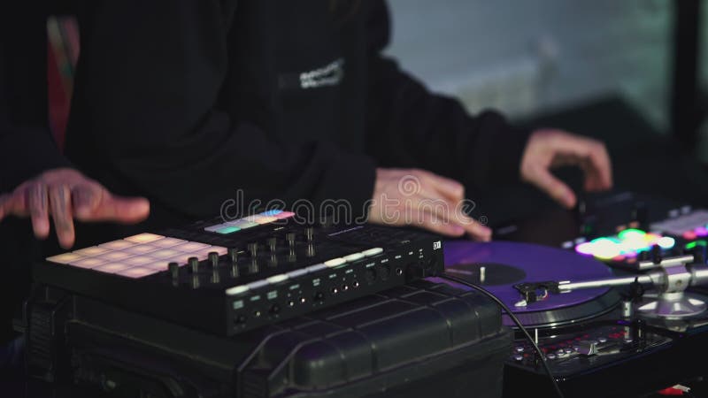 Musician Turns Levers on Music Console in Nightclub Closeup Stock ...
