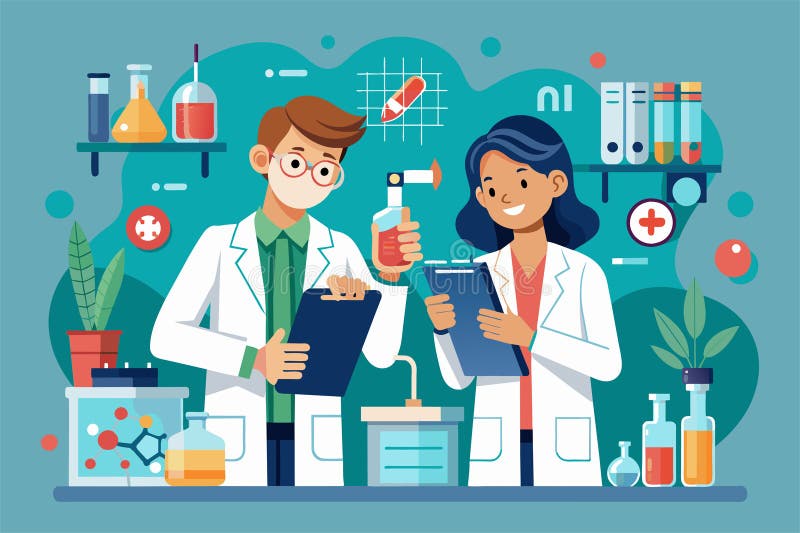 Two Doctors Collaborate in a Lab, Analyzing Medicine Formulas and ...