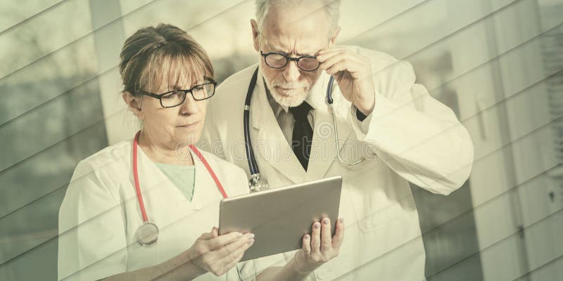 Two Doctors Discussing about Medical Report on Tablet, Geometric ...