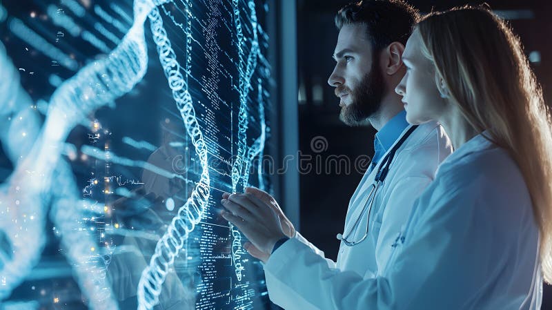 Two Doctors Examining DNA Data on Interactive Screen Medical Research Genetic Science AI ...