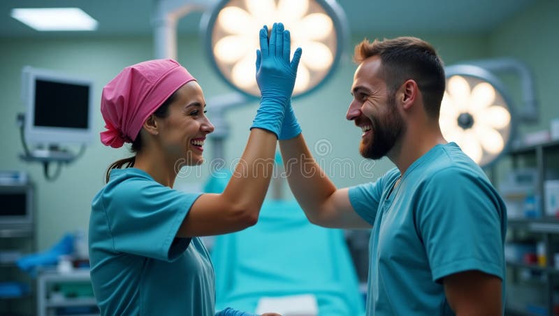 Surgeons Celebrating Successful Operation with Joyful High Five in ...