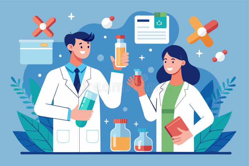 Two Doctors Holding Bottle of Liquid, Two Doctors Standing in Lab with ...