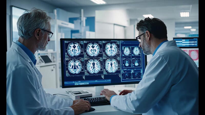 Two Doctors are Looking at a Computer Monitor Displaying Brain Scans. they are Discussing the ...