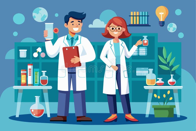 Two Doctors Stand Confidently in a Lab, Surrounded by Various Medicine ...