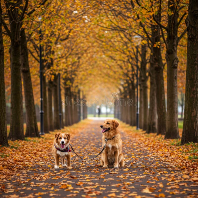 Two Dogs on Autumn Pathway stock illustration. Illustration of canine ...