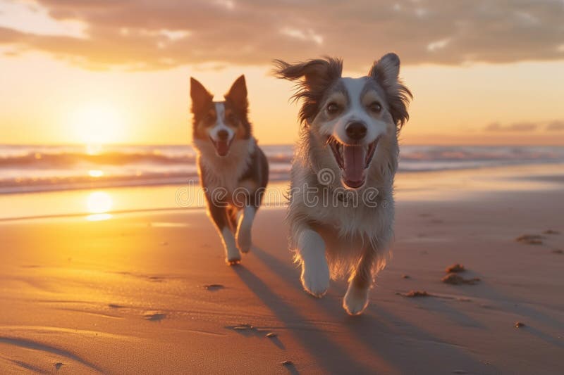 Two Dogs on the Beach at Sunset. Golden Retriever and Labrador ...