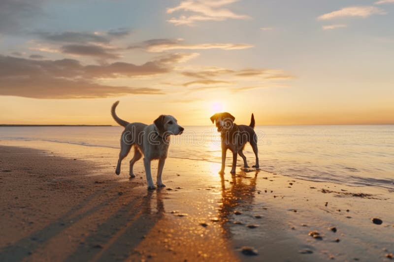 Two Dogs on the Beach at Sunset. Golden Retriever and Labrador ...