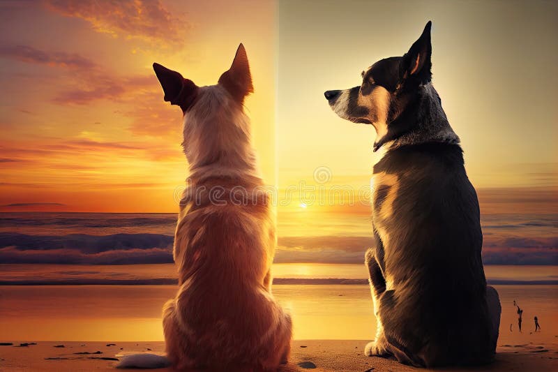 Two Dogs, on Beach, with View of Sunset in the Background Stock ...