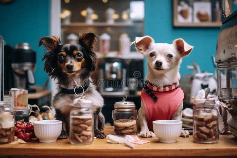 Two Dogs in a Cafe, Dogs Cafe Concept. Stock Photo - Image of canine ...