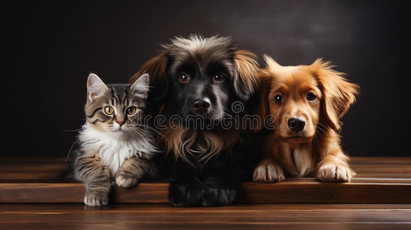Two Dogs and a Cat at a Wooden Table. Studio Light Stock Illustration ...