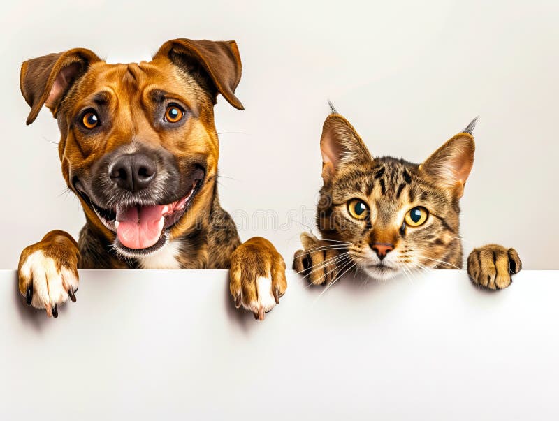 Two Dogs and Cats Peeking Over a White Board Stock Photo - Image of ...