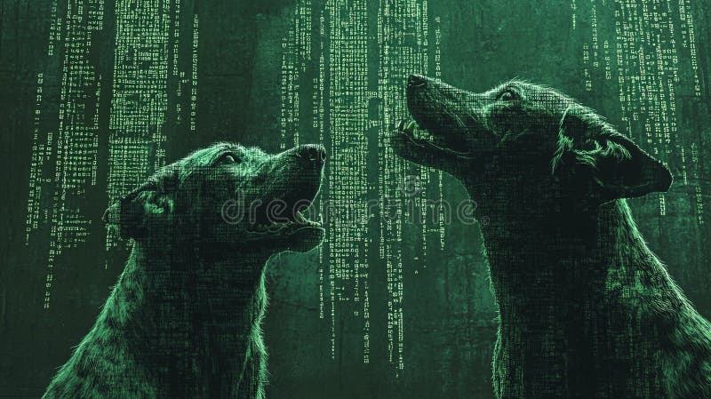 Two Dogs Communicating through Digital Matrix Code Rain Stock Photo ...