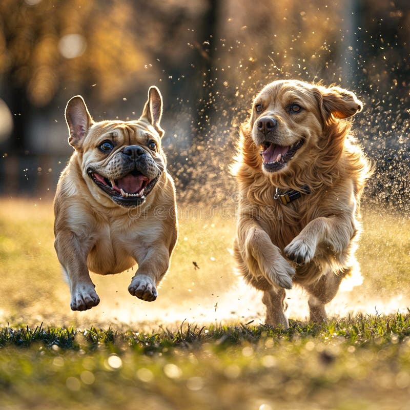 Two Dogs of Different Breeds Running and Jumping Happily in Nature ...