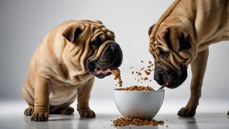 Two Dogs Eating from a Bowl of Kibble, Showcasing Their Playful ...