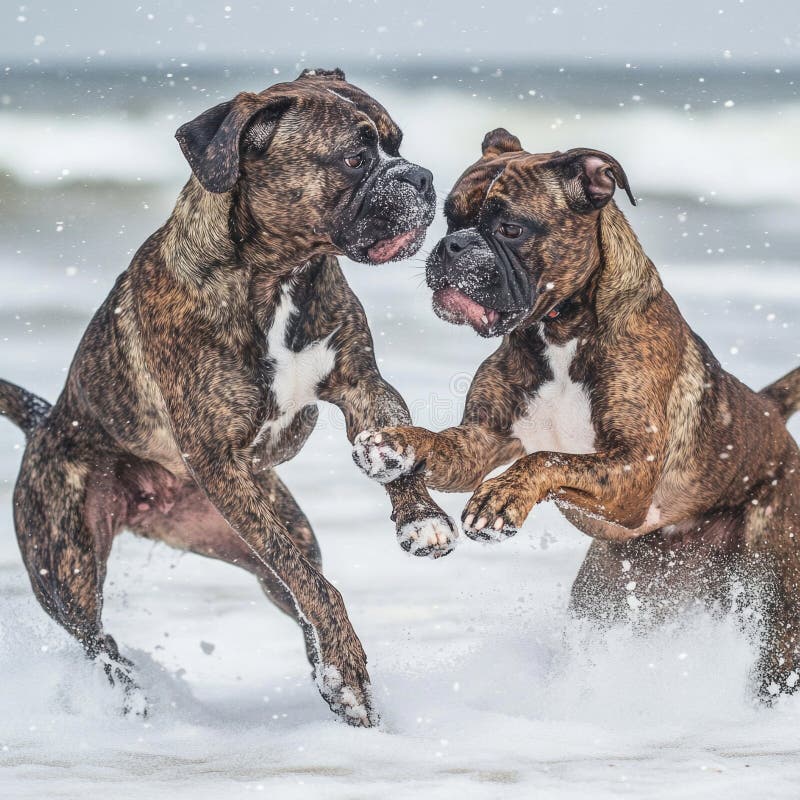 Two Dogs Enjoying Winter Fun on a Beach Covered in Snow Stock Photo ...