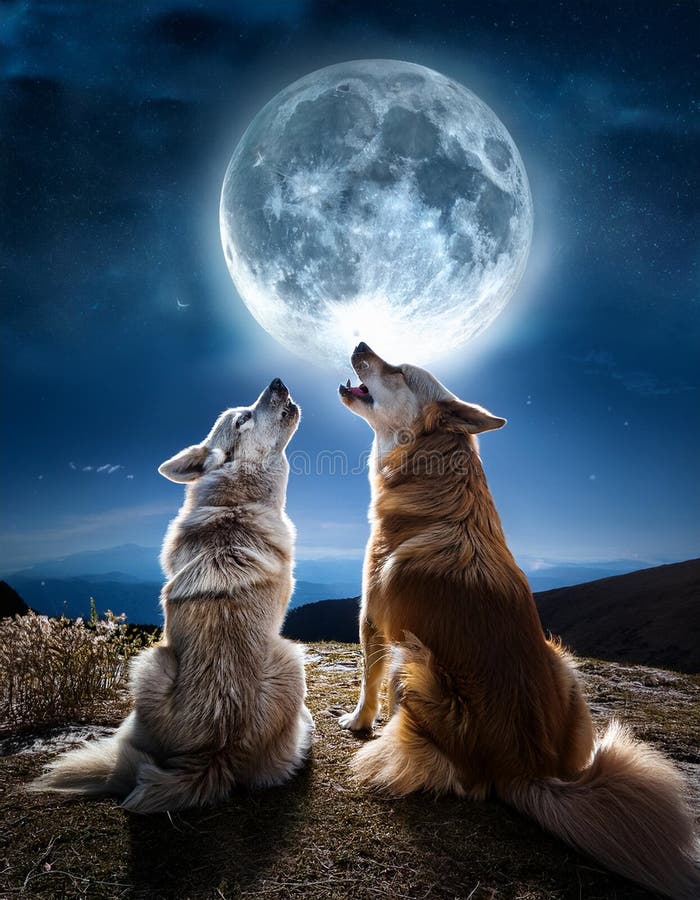 Two Dogs Howling Together Under a Full Moon Night Stock Illustration ...