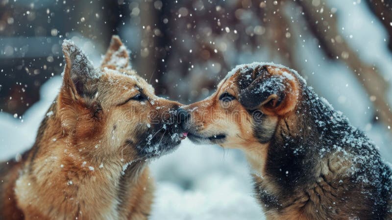 Two Dogs are Kissing Each Other in the Snow, AI Stock Image - Image of ...