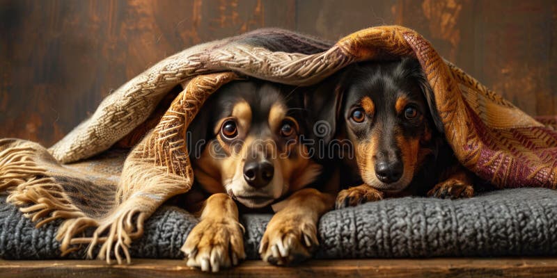 Two Dogs Lay Under a Blanket on a Background of a Brown Wall Stock ...