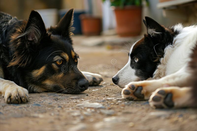 Two Dogs Laying on the Ground Looking at Each Other Stock Image - Image ...