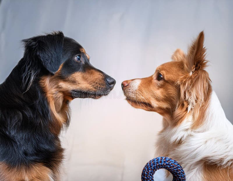 Two Dogs Looking at Each Other with a Toy between Them Stock ...